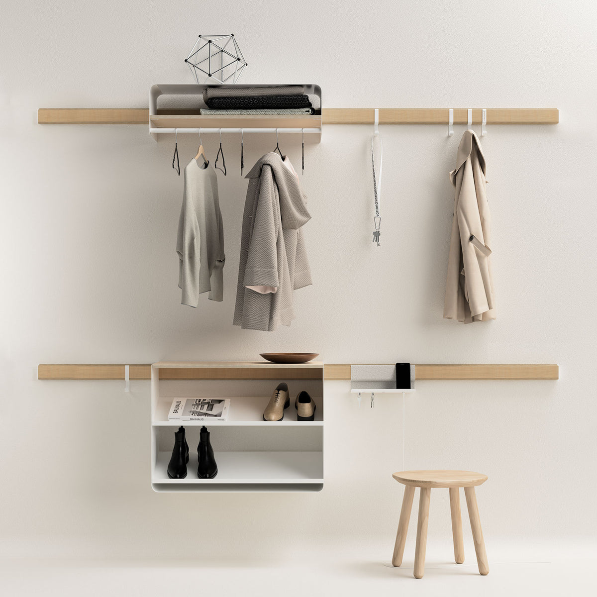 Moderne Wandgarderobe mit Kleiderstange und elegantem Schuhregal - E05